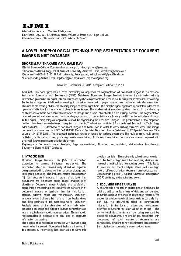 (PDF) A Novel Morphological Technique for Segmentation of Document Images in NIST Database ...