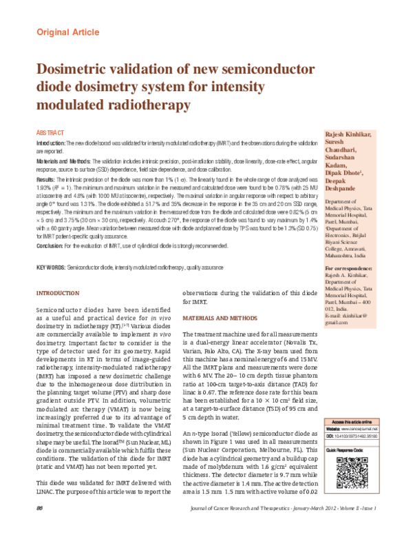 (PDF) Dosimetric validation of new semiconductor diode dosimetry system for intensity modulated ...