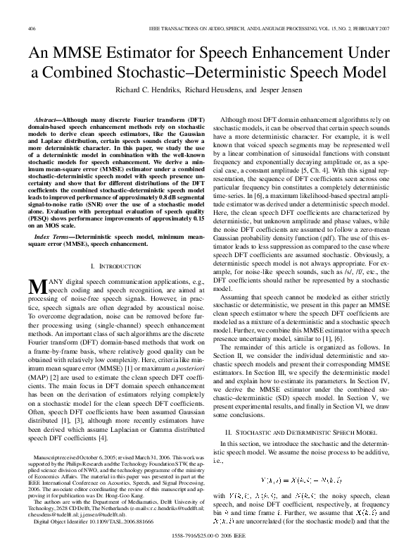 (PDF) An MMSE Estimator for Speech Enhancement Under a Combined Stochastic–Deterministic Speech ...