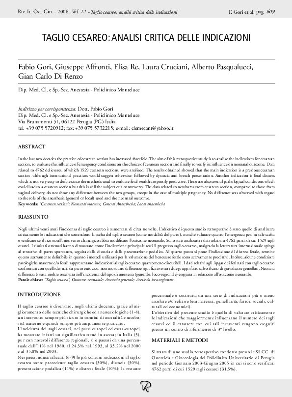 (PDF) Taglio Cesareo: Analisi Critica Delle Indicazioni