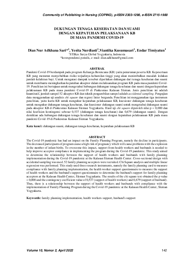 (PDF) Dukungan Tenaga Kesehatan Dan Suami Dengan Kepatuhan Pelaksanaan KB DI Masa Pandemi COVID-19