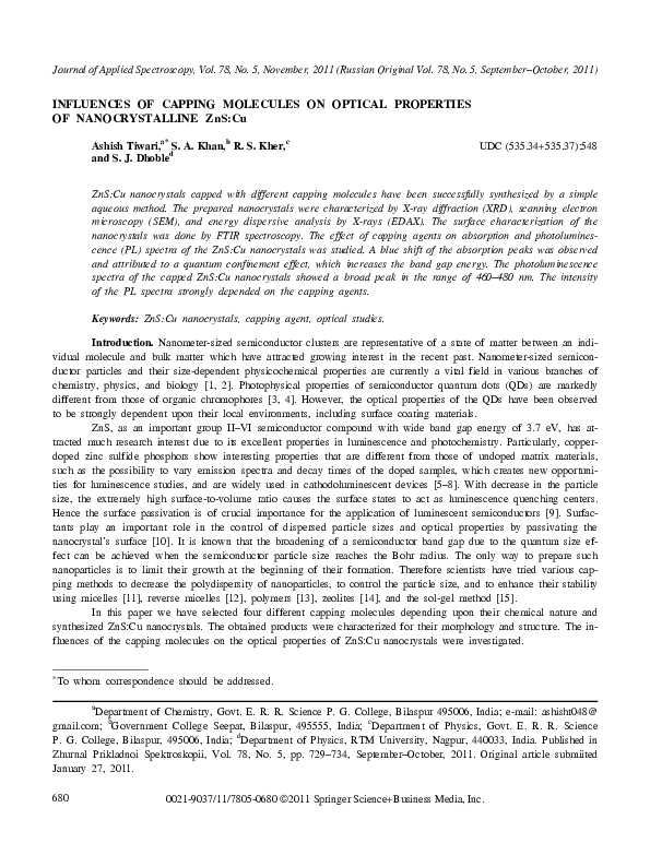 (PDF) Influences of capping molecules on optical properties of nanocrystalline ZnS:Cu