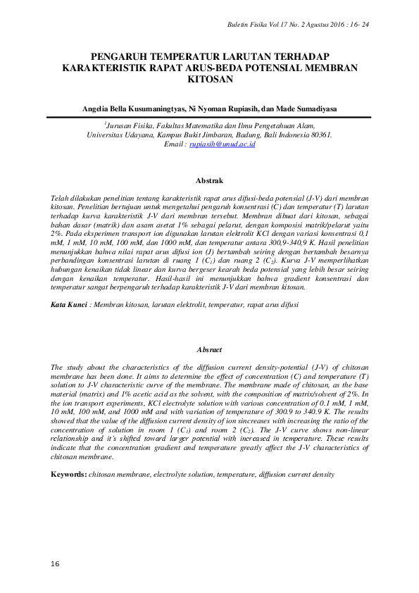 (PDF) Pengaruh Temperatur Larutan Terhadap Karakteristik Rapat Arus-Beda Potensial Membran Kitosan
