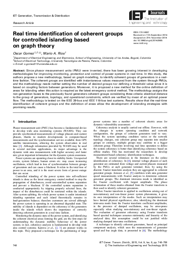 (PDF) Real time identification of coherent groups for controlled islanding based on graph theory