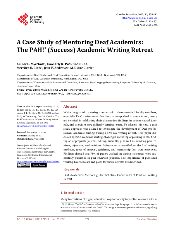 (PDF) A Case Study of Mentoring Deaf Academics: The PAH!* (Success) Academic Writing Retreat