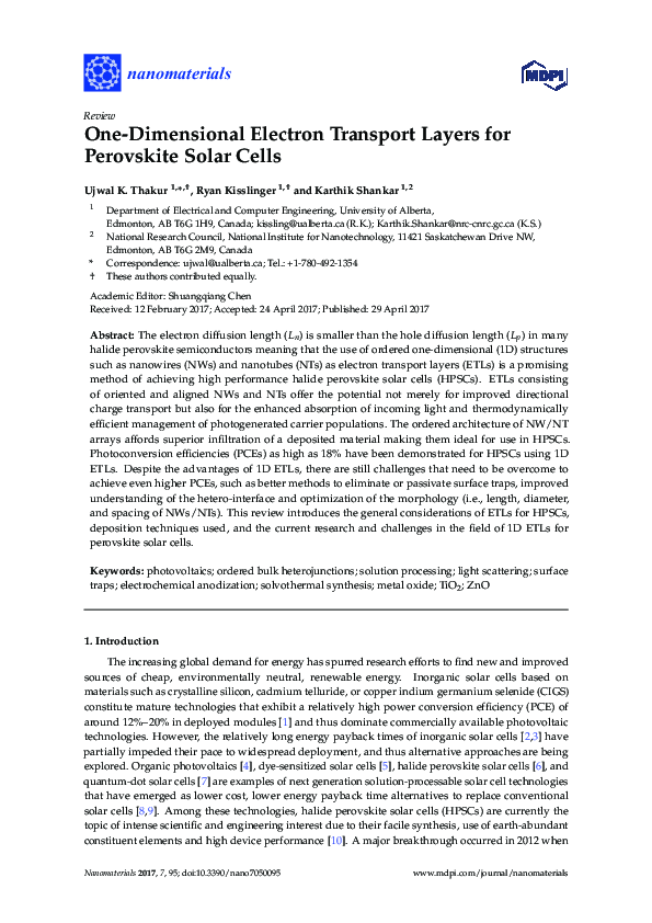 (PDF) One-Dimensional Electron Transport Layers for Perovskite Solar Cells | Karthik Shankar ...