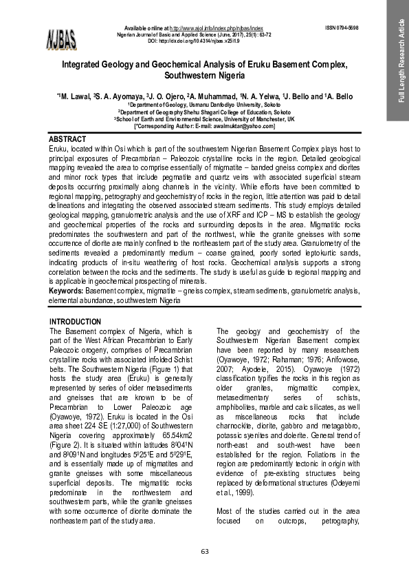 (PDF) Integrated Geology and Geochemical analysis of Eruku Basement ...