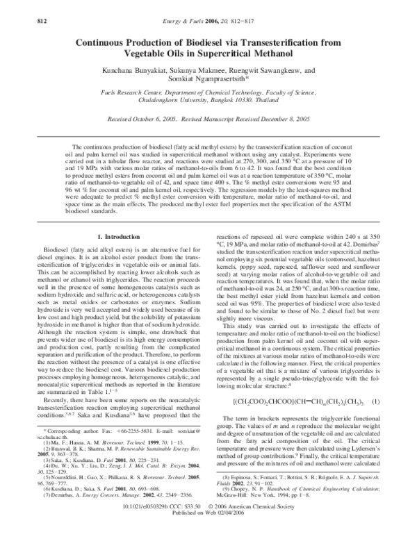Pdf Continuous Production Of Biodiesel Via Transesterification From Vegetable Oils In