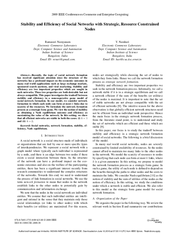 (PDF) Stability and Efficiency of Social Networks with Strategic, Resource Constrained Nodes