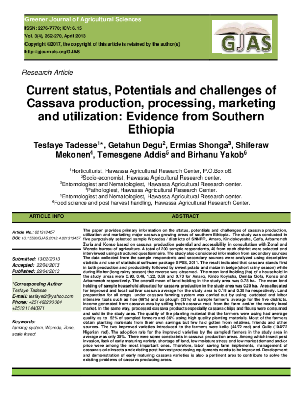 (PDF) Current status, Potentials and challenges of Cassava production, processing, marketing and ...