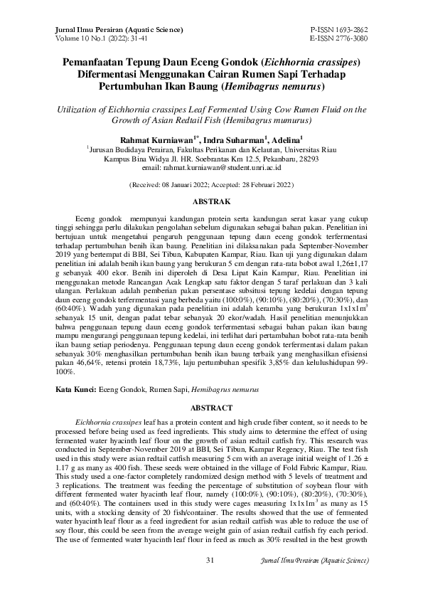 (PDF) Pemanfaatan Tepung Daun Eceng Gondok (Eichhornia crassipes ...