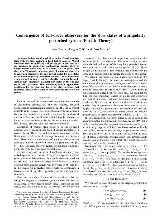 Pdf Convergence Of Full Order Observers For The Slow States Of A Singularly Perturbed System