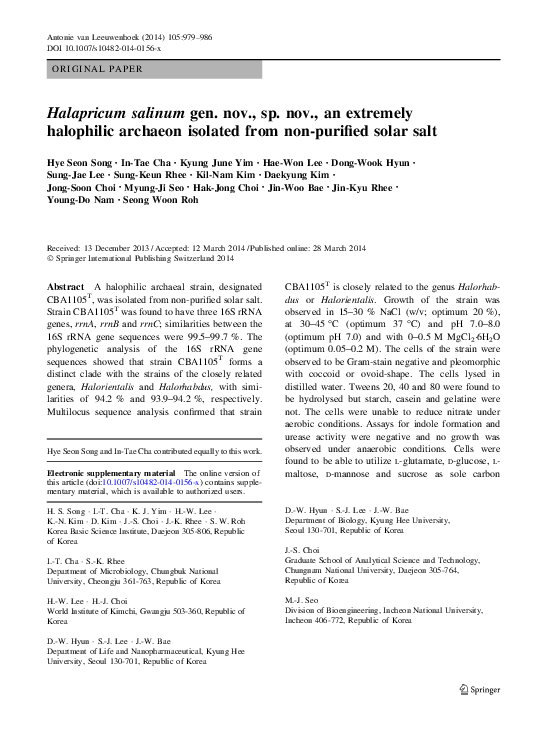 (PDF) Halapricum salinum gen. nov., sp. nov., an extremely halophilic ...