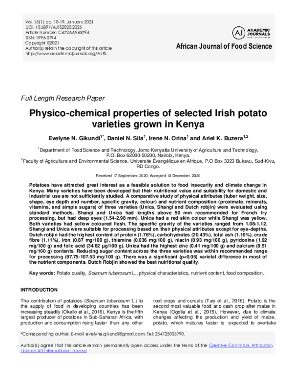 Physico-chemical properties of selected Irish potato varieties grown in Kenya