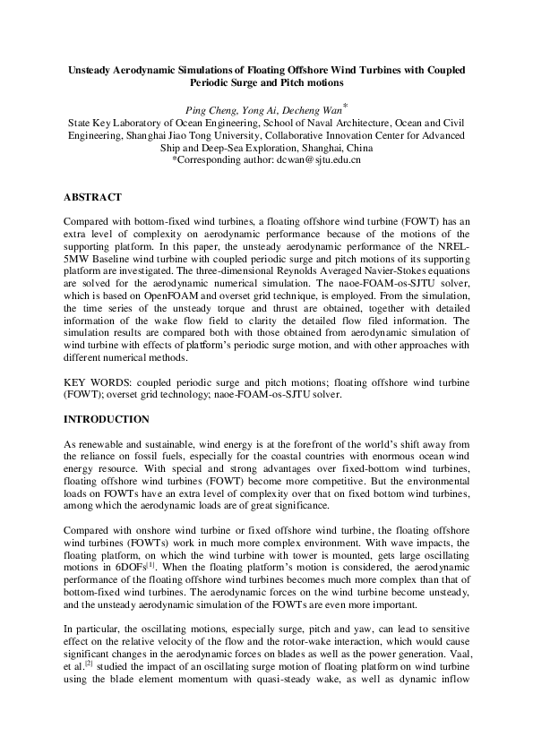 Pdf Unsteady Aerodynamic Simulations Of Floating Offshore Wind Turbines With Coupled Periodic