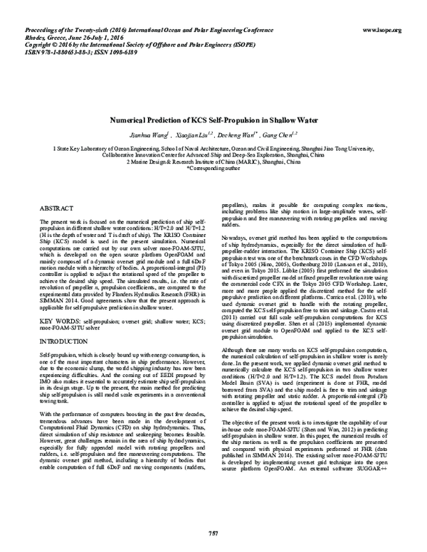(PDF) Numerical Prediction of KCS Self-Propulsion in Shallow Water