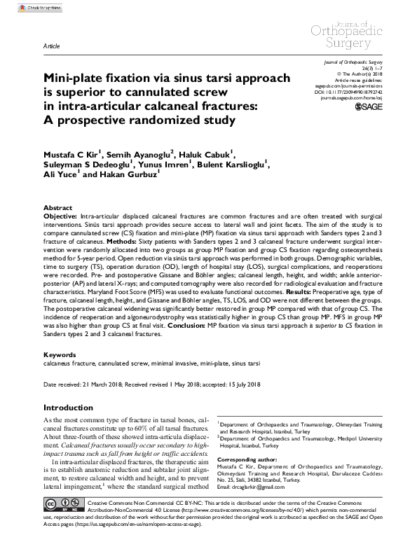 (PDF) Mini-plate fixation via sinus tarsi approach is superior to ...