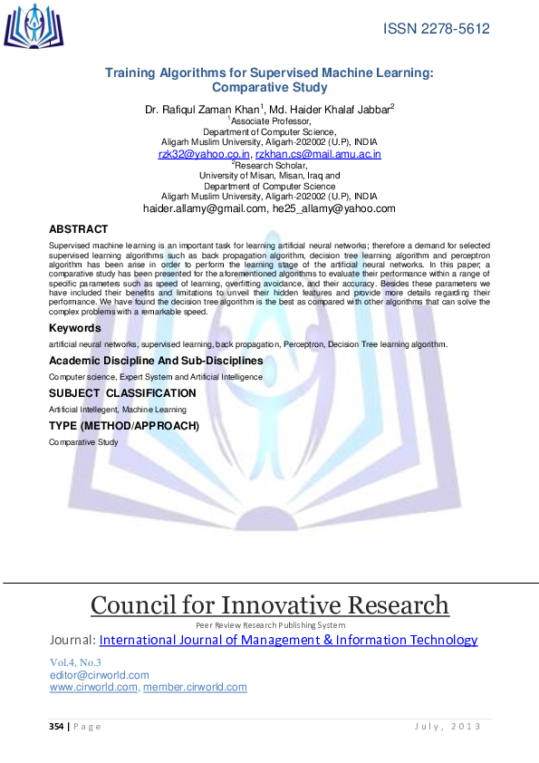 Pdf Training Algorithms For Supervised Machine Learning Comparative