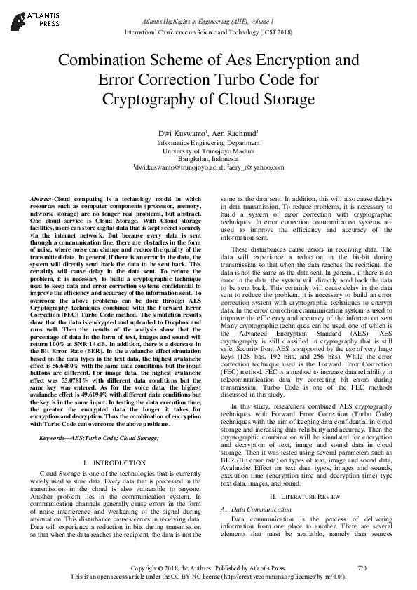 Pdf Combination Scheme Of Aes Encryption And Error Correction Turbo Code For Cryptography Of 9361