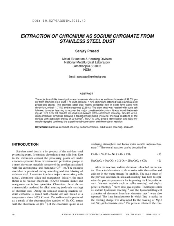 (PDF) Extraction of Chromium as Sodium Chromate from Stainless Steel Dust