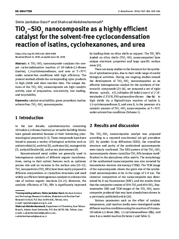 (PDF) TiO2–SiO2 nanocomposite as a highly efficient catalyst for the ...