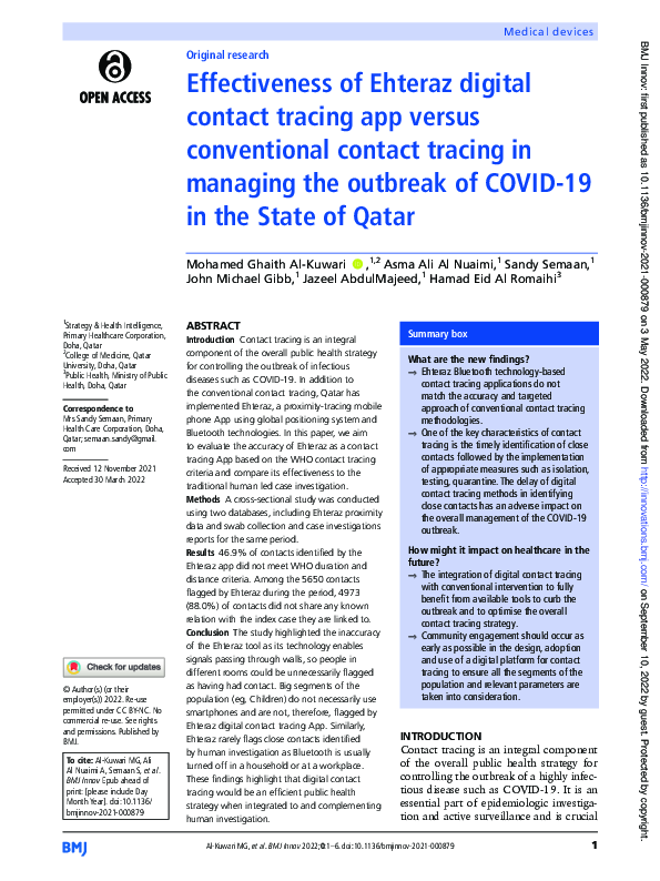 (PDF) Effectiveness of Ehteraz digital contact tracing app versus conventional contact tracing ...