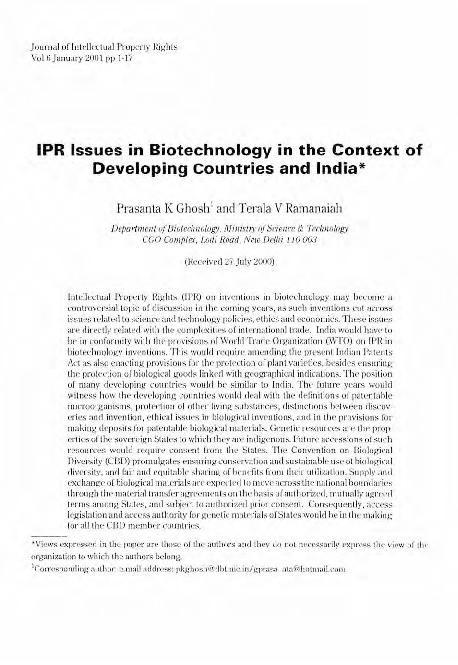 (PDF) IPR Issues in Biotechnology in the Context of Developing Countries and India