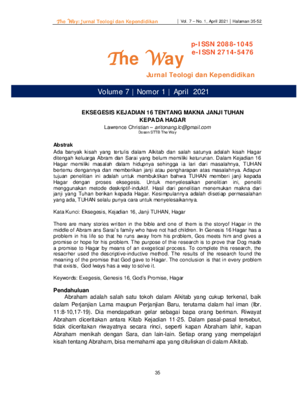 (PDF) Eksegesis Kejadian 16 Tentang Makna Janji Tuhan Kepada Hagar