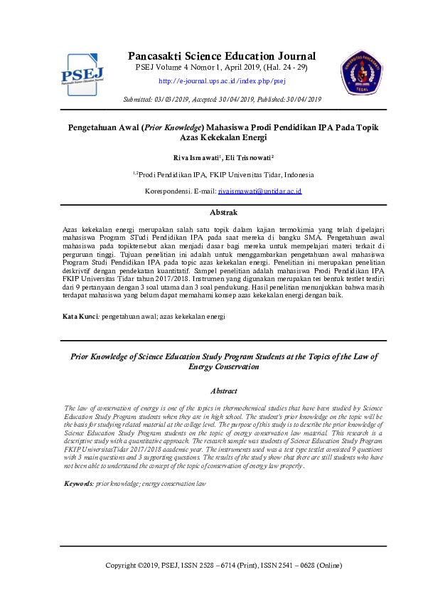 (PDF) Pengetahuan Awal (Prior Knowledge) Mahasiswa Program Studi Pendidikan IPA pada Topik Azas ...
