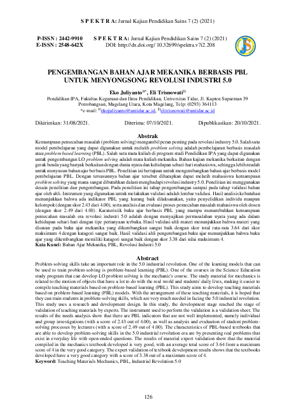 (PDF) Pengembangan Bahan Ajar Mekanika Berbasis PBL Untuk Menyongsong Revolusi Industri 5.0