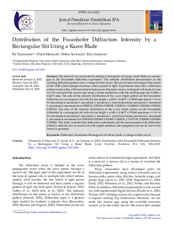 (PDF) Distribution of the Fraunhofer Diffraction Intensity by a Rectangular Slit Using a Razor Blade