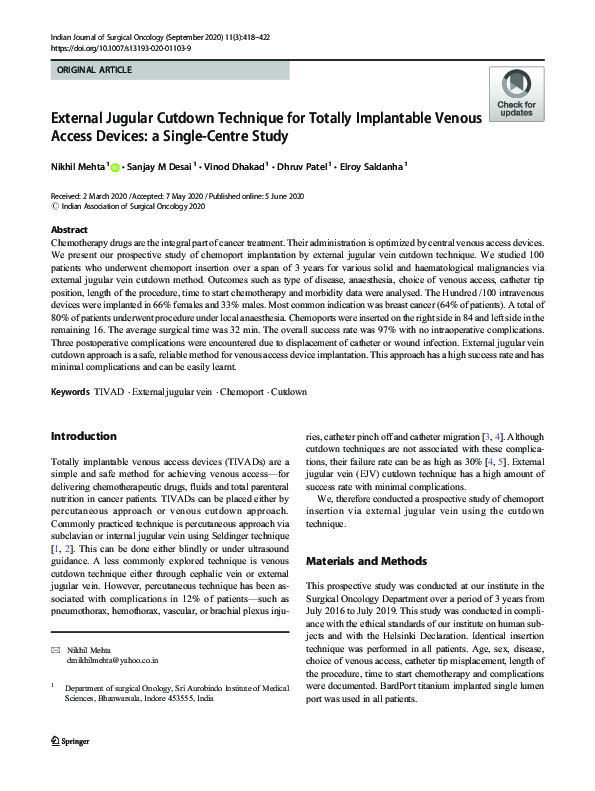 (PDF) External Jugular Cutdown Technique for Totally Implantable Venous ...