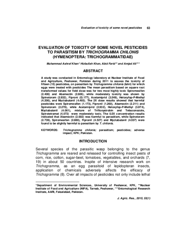 Pdf Evaluation Of Toxicity Of Some Novel Pesticides To Parasitism By