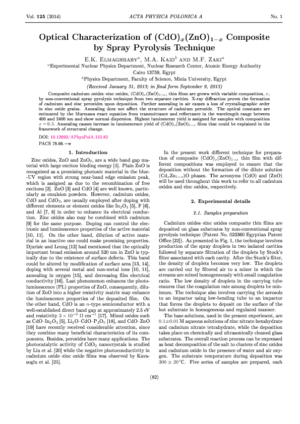 (PDF) Optical Characterization of (CdO)x(ZnO)1-xComposite by Spray ...