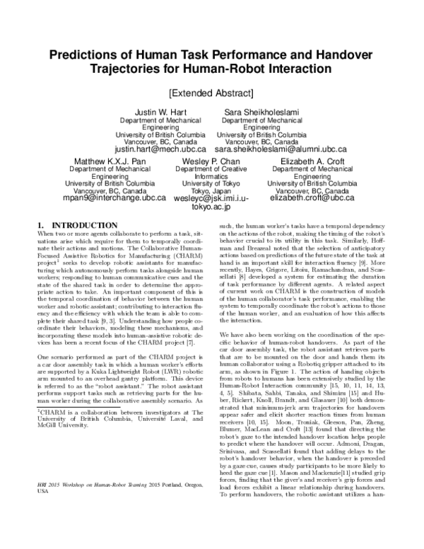 (PDF) Predictions of Human Task Performance and Handover Trajectories ...