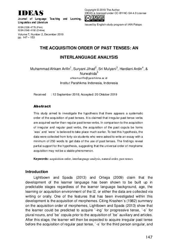 (PDF) The Acquisition Order of Past Tenses: An Interlanguage Analysis