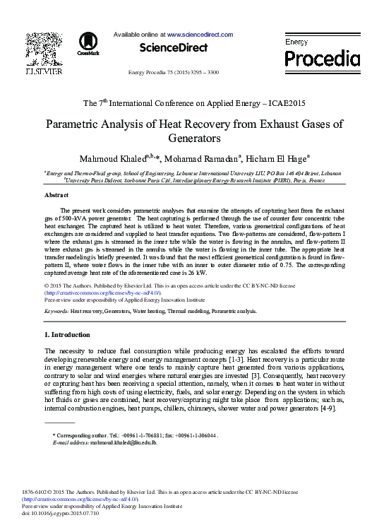 (PDF) Parametric Analysis of Heat Recovery from Exhaust Gases of Generators | Mahmoud Khaled ...