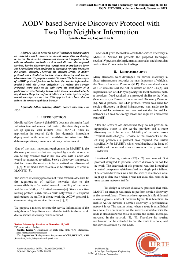 (PDF) AODV based Service Discovery Protocol with Two Hop Neighbor Information
