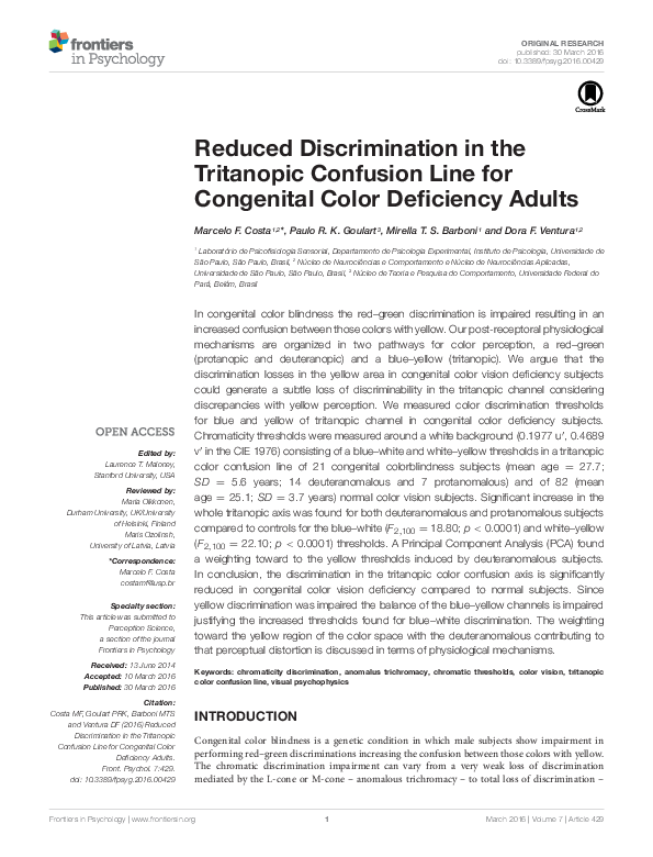 (PDF) Reduced Discrimination in the Tritanopic Confusion Line for ...