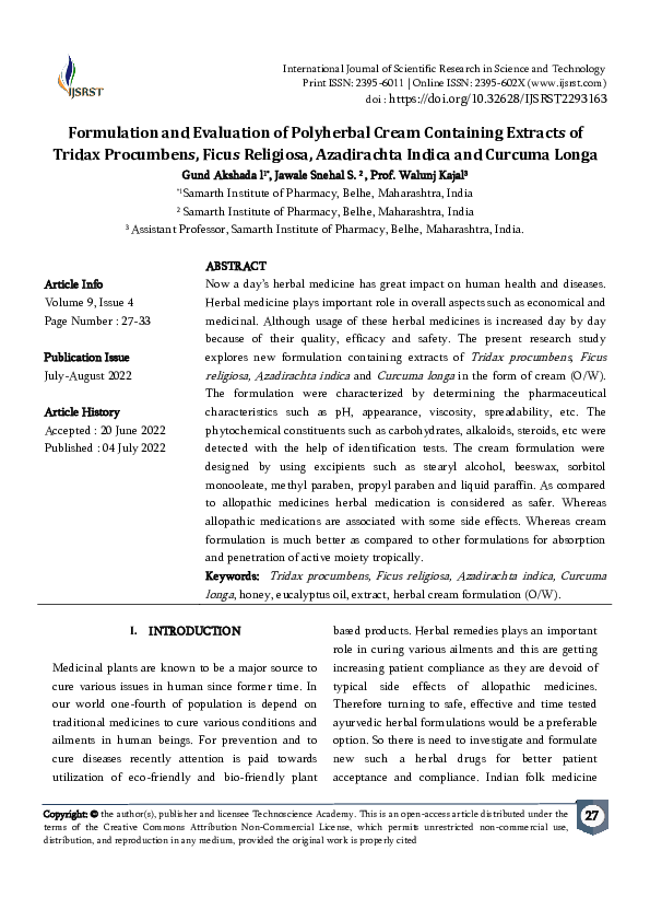 (PDF) Formulation and Evaluation of Polyherbal Cream Containing ...