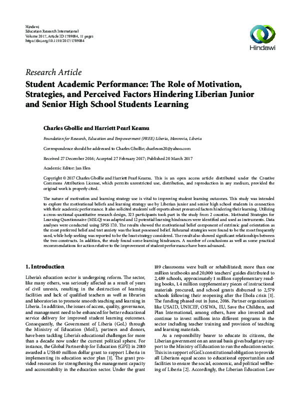 (PDF) Student Academic Performance: The Role of Motivation, Strategies, and Perceived Factors ...