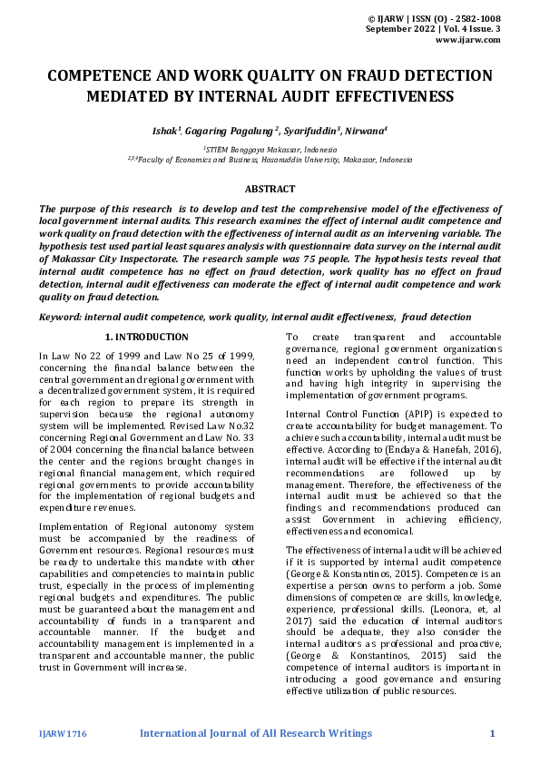 (PDF) COMPETENCE AND WORK QUALITY ON FRAUD DETECTION MEDIATED BY INTERNAL AUDIT EFFECTIVENESS