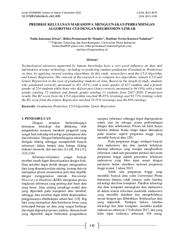 (PDF) Prediksi Kelulusan Mahasiswa Menggunakan Perbandingan Algoritma C5.0 Dengan Regression Linear