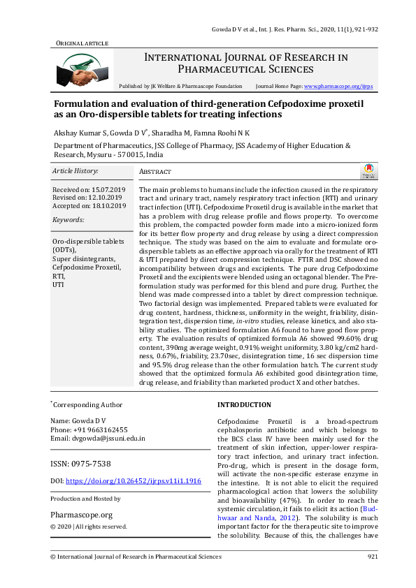 Pdf Formulation And Evaluation Of Third Generation Cefpodoxime Proxetil As An Oro Dispersible