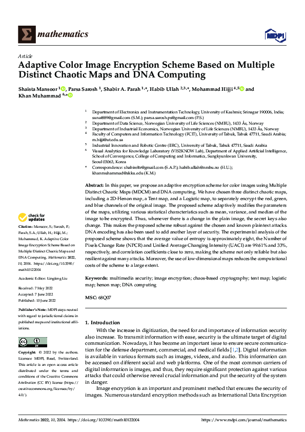 (PDF) Adaptive Color Image Encryption Scheme Based on Multiple Distinct Chaotic Maps and DNA ...