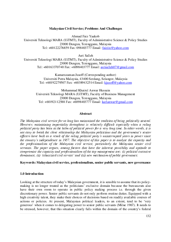 (PDF) Malaysian Civil Service; Problems And Challenges