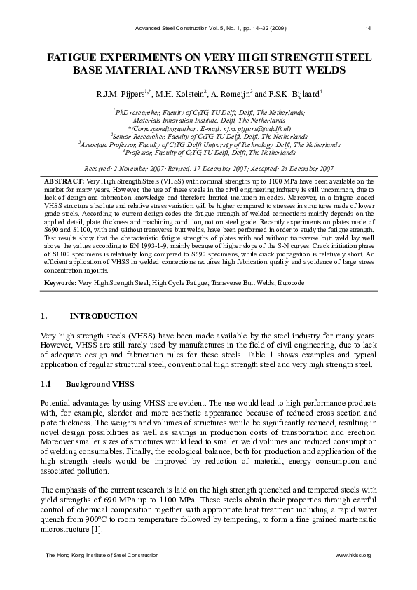 (PDF) Fatigue Experiments on Very High Strength Steel Base Material and ...