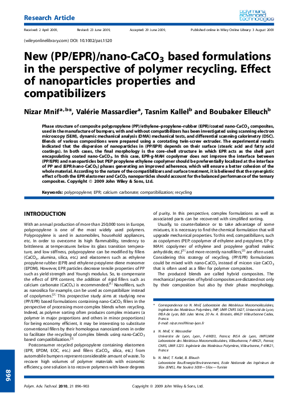 (PDF) New (PP/EPR)/nano-CaCO3 based formulations in the perspective of polymer recycling. Effect ...