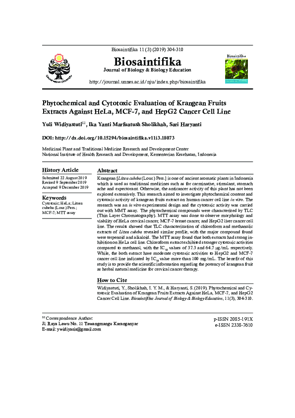 (PDF) Phytochemical and Cytotoxic Evaluation of Krangean Fruits Extracts Against HeLa, MCF-7 ...
