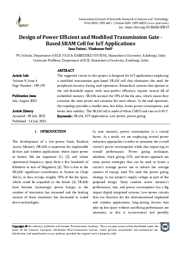 (PDF) Design of Power Efficient and Modified Transmission Gate -Based SRAM Cell for IoT Applications